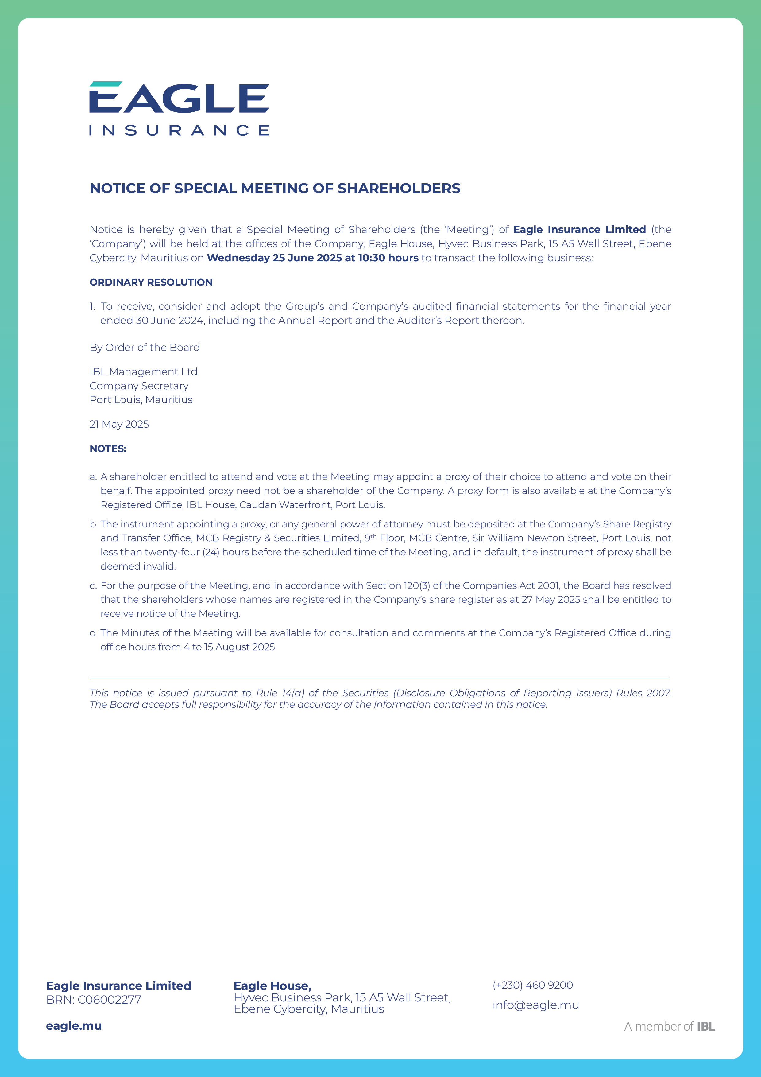 NOTICE OF SPECIAL MEETING OF SHAREHOLDERS | Eagle Insurance
